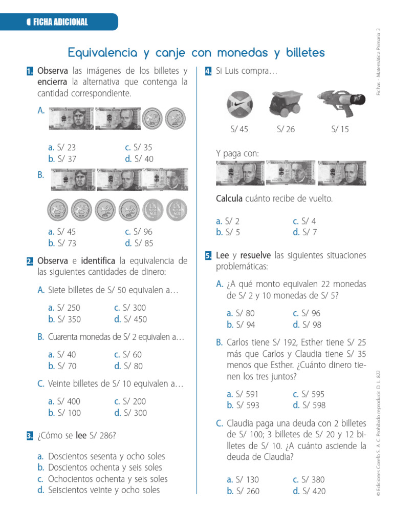 FA - Equivalencia y Canje Con Monedas y Billetes | PDF | Mercado de ...