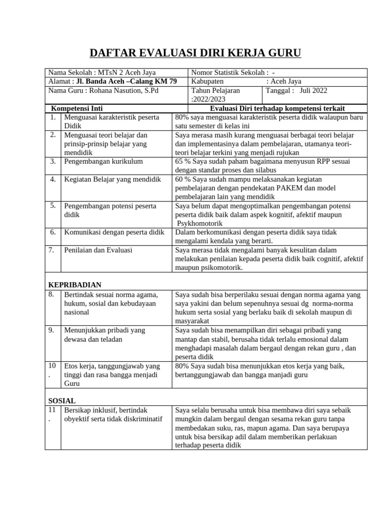 Daftar Evaluasi Diri Kerja Guru | PDF