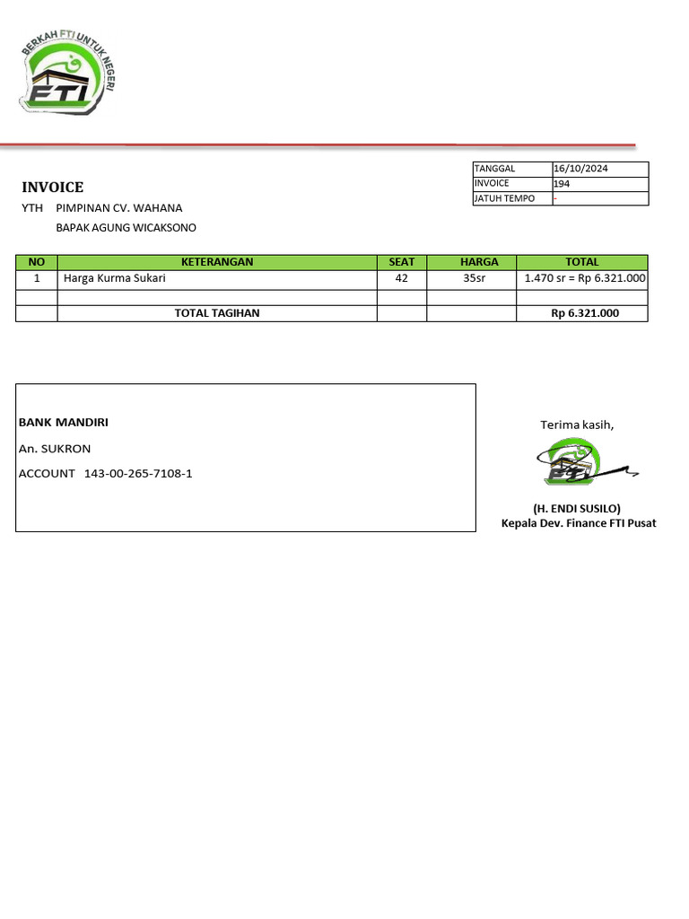 Invoice Pembayaran Kurma Sukari | PDF