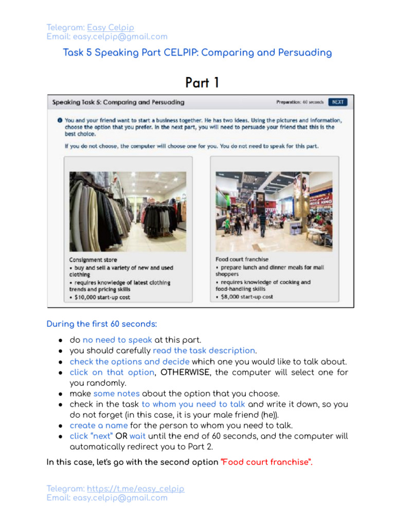 EXAMPLE Task 5 Speaking Part CELPIP Comparing and Persuading | PDF