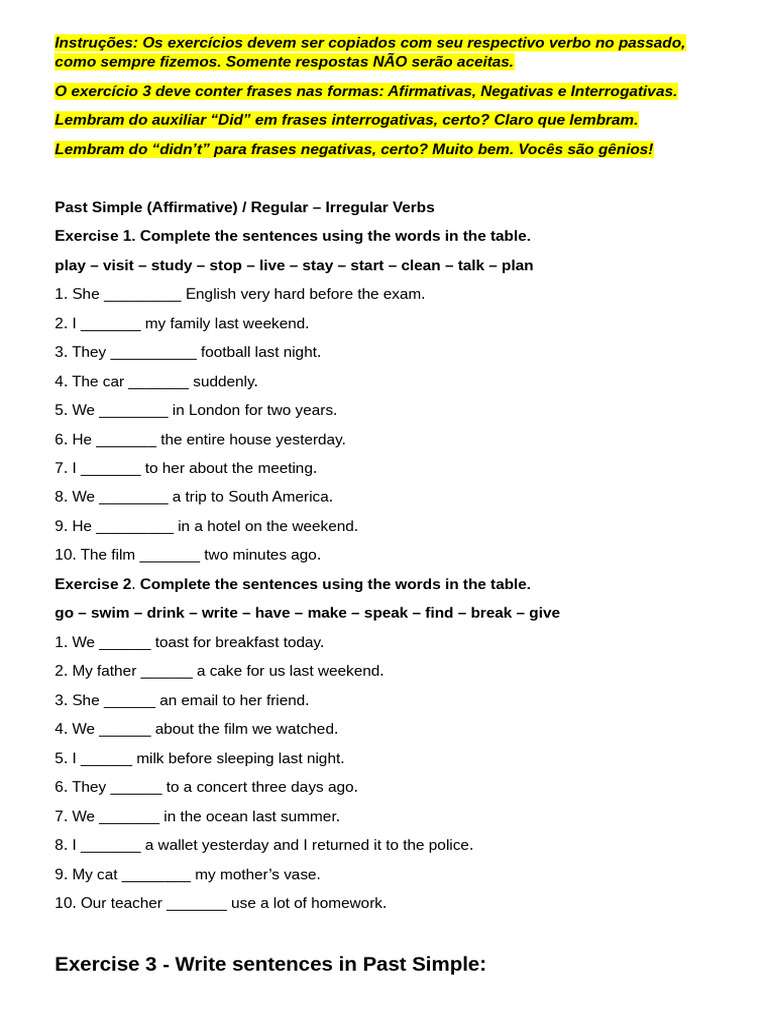 Exercícios Sobre SIMPLE PAST 30.09.24 | PDF | Linguistics | Grammar