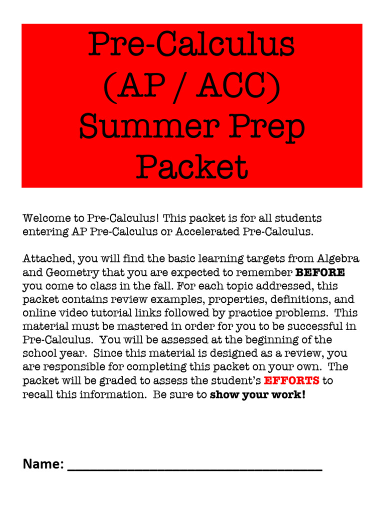 AP and ACC PreCalc Summer PKT - 2024 | PDF | Quadratic Equation | Equations AP and ACC PreCalc Summer PKT - 2024 | PDF | Quadratic Equation | Equations