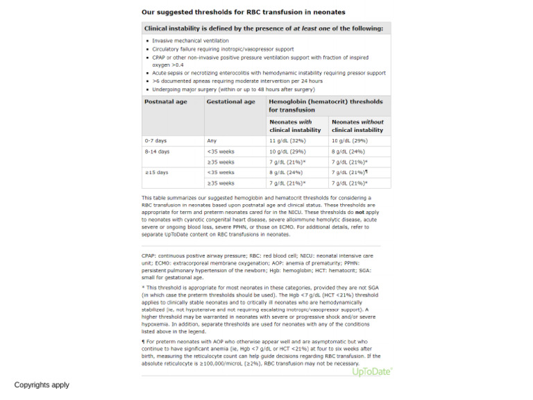 Our Suggested Thresholds For RBC Transfusion in Neonates | PDF