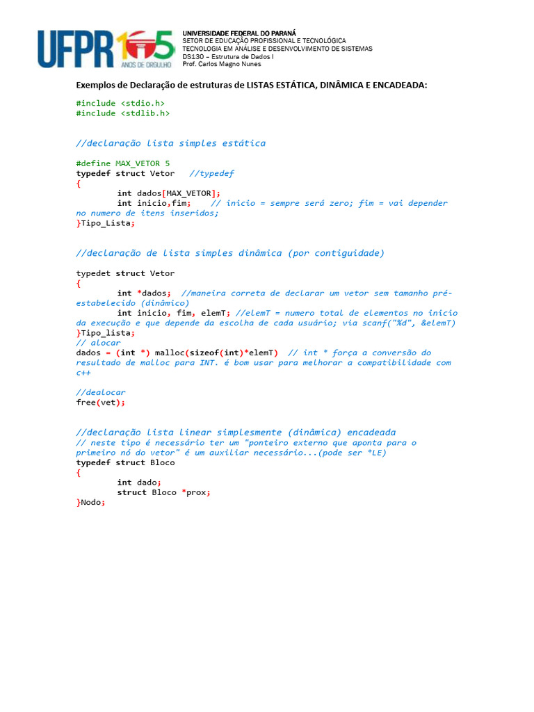 Estruturas de Listas em C: Estática, Dinâmica e Encadeada | PDF