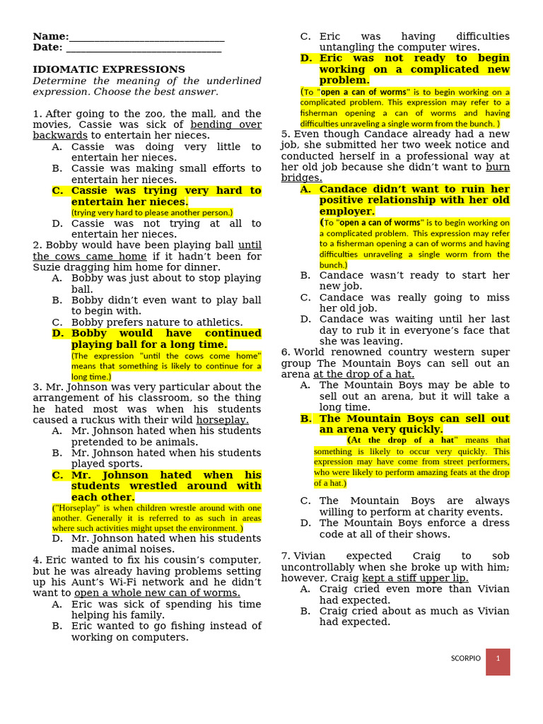 Cse-Idioms Answer Key | PDF