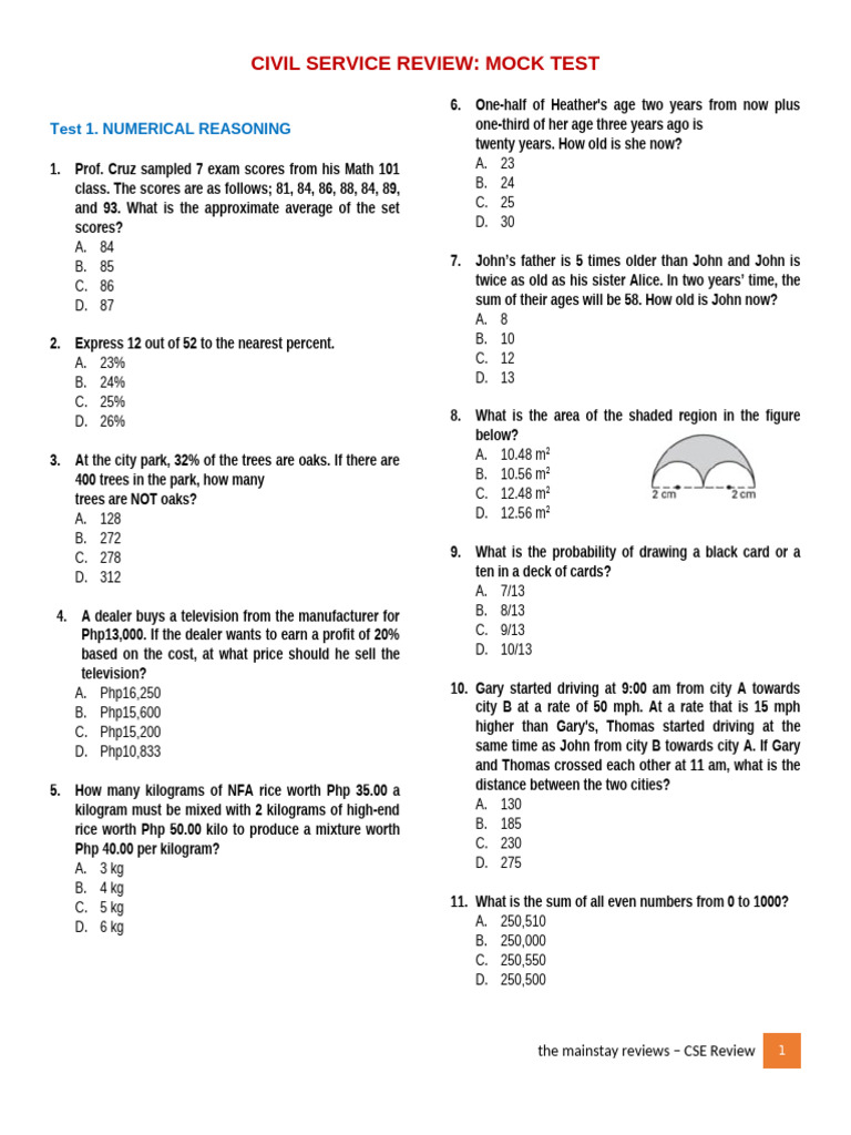 Civil Service Mock Test: Numerical Reasoning | PDF