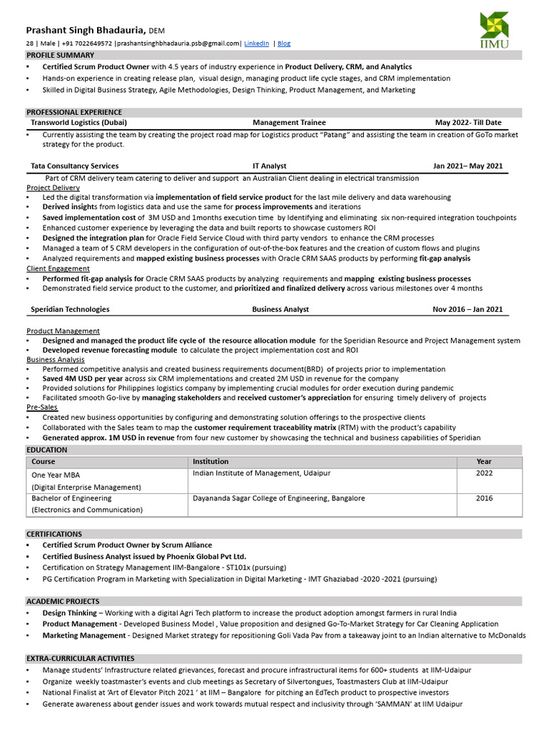 Prashant Singh Bhadauria - CV | PDF | Customer Relationship Management | Strategic Management