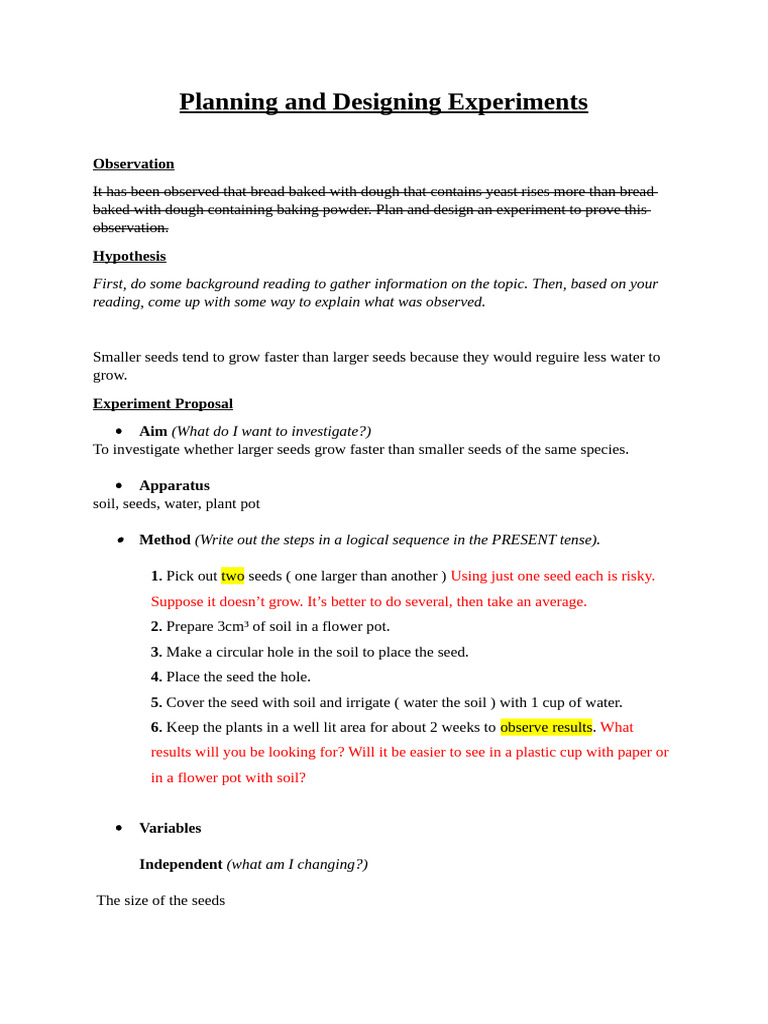 Planning and Designing Experiments Worksheet 2 | PDF | Experiment | Water