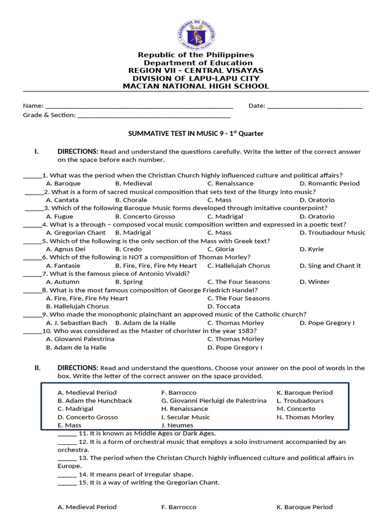q1 Summative Test in Music 9 | PDF | Choir | Gregorian Chant