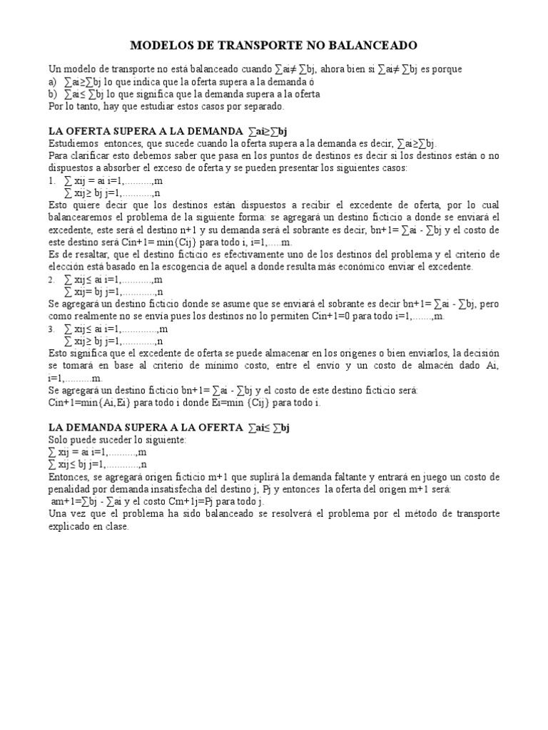 Modelos de transporte no balanceado y ejemplos | PDF