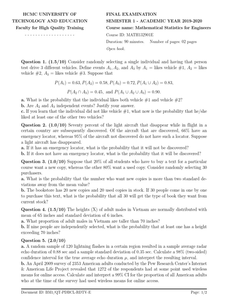 Probability and Statistics 2019-2020 (Se1) | PDF | Confidence Interval | Standard Deviation