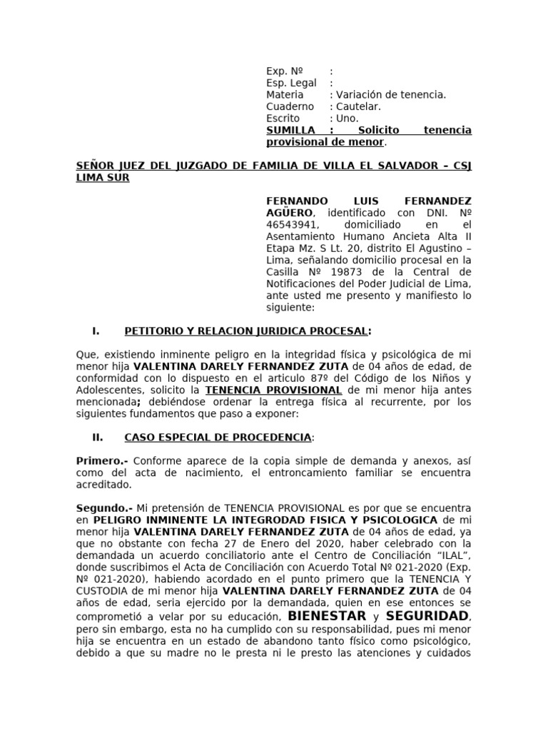 Modelo de Medida Cautelar de Tenencia Provisional de Menor | PDF ...