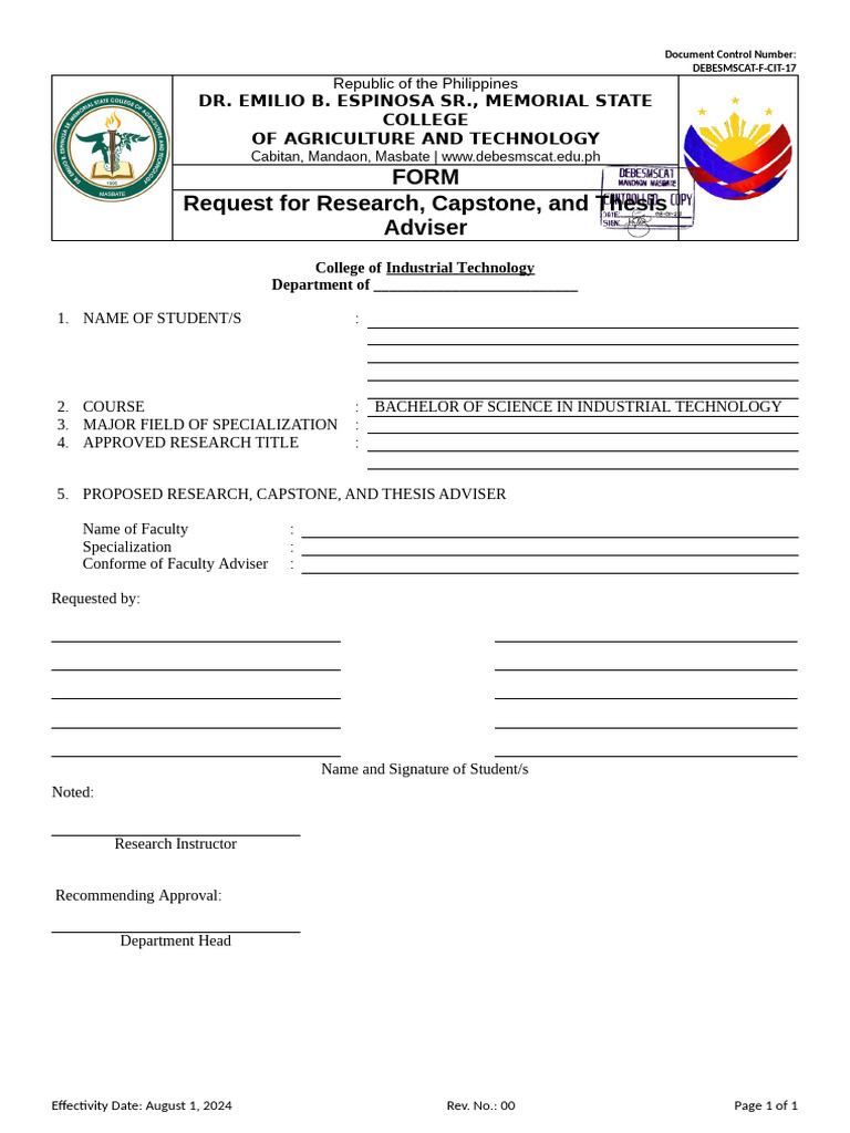DEBESMSCAT F CIT 17 Request For Research Capstone and Thesis Adviser Form | PDF | Document ...