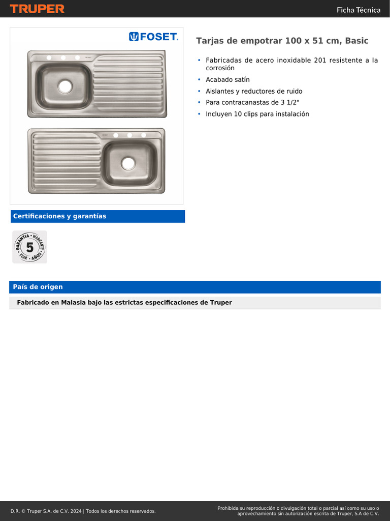 Fregadero o Tarja - Ficha Tecnica | PDF