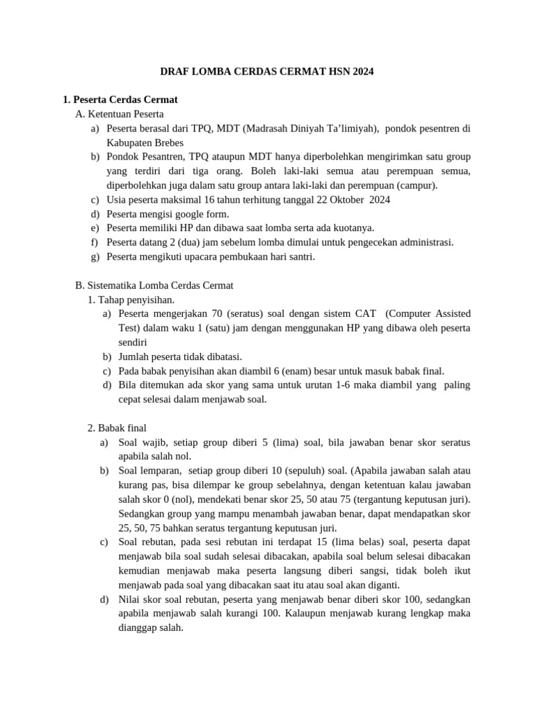 Draf Lomba Cerdas Cermat Tahun 2024 | PDF