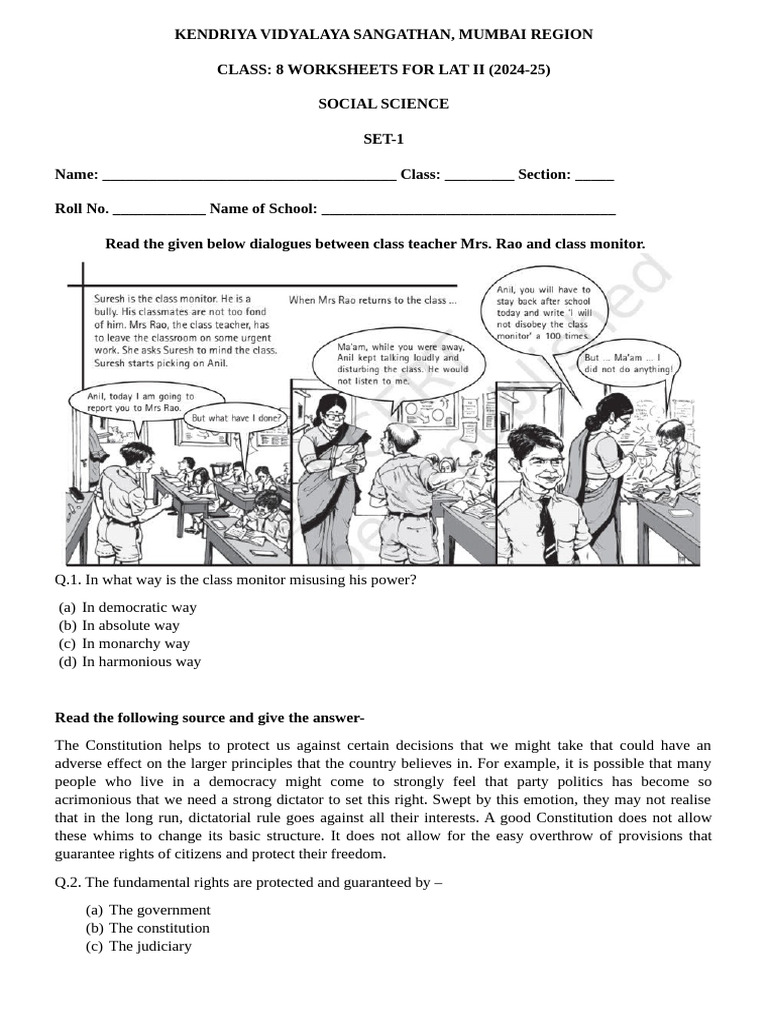 Class - 8 SST LAT Worksheet - 1 | PDF | Member Of Parliament | Governance