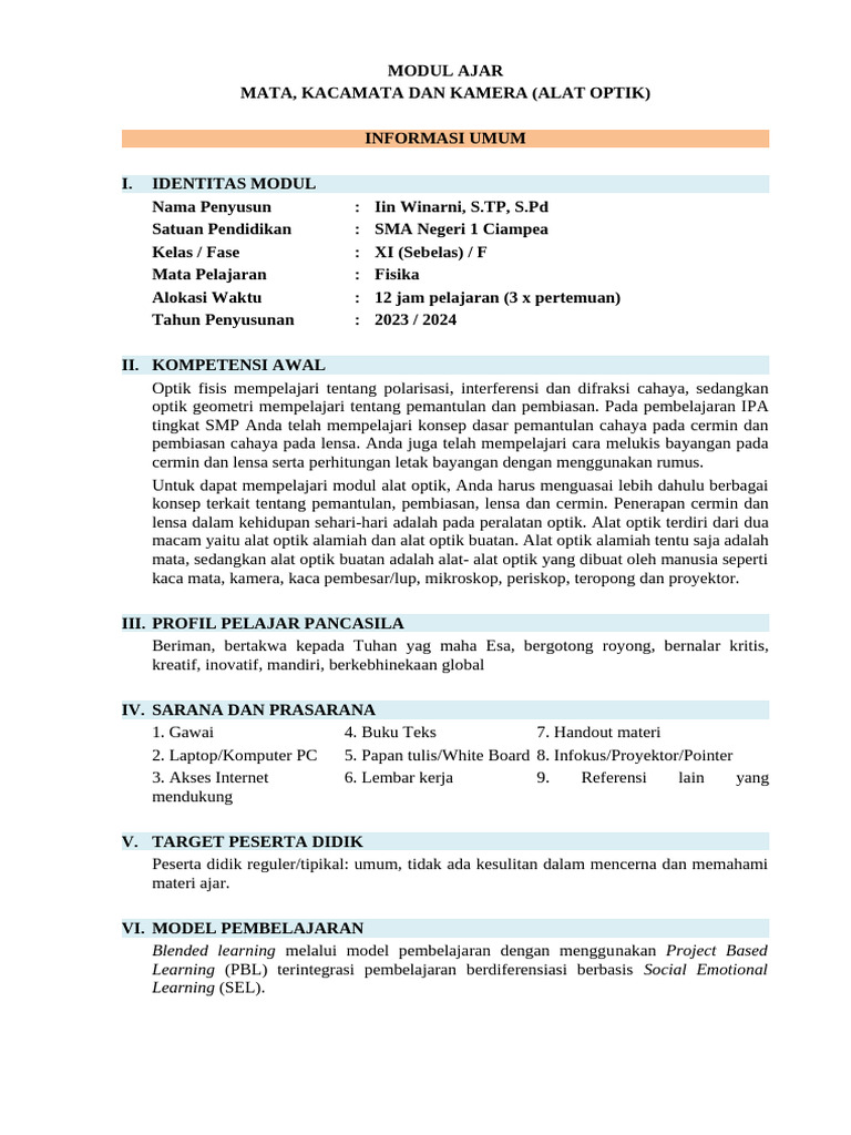 MODUL AJAR ALAT OPTIK | PDF