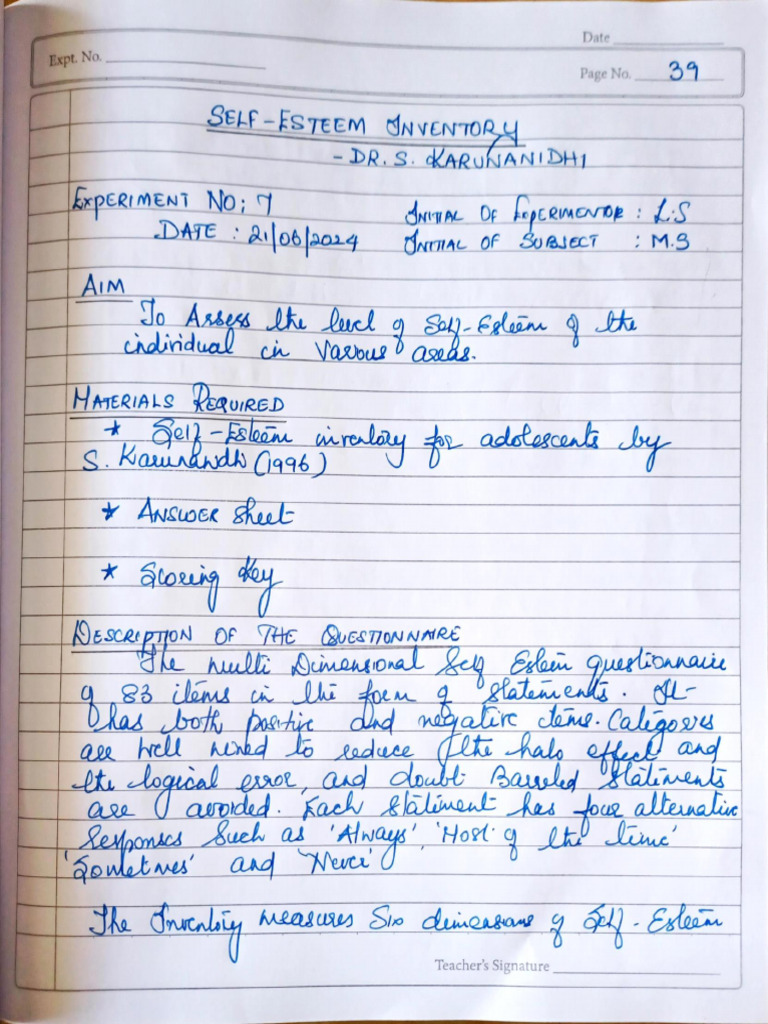 Exp 7-Self Esteem Inventory (1) | PDF