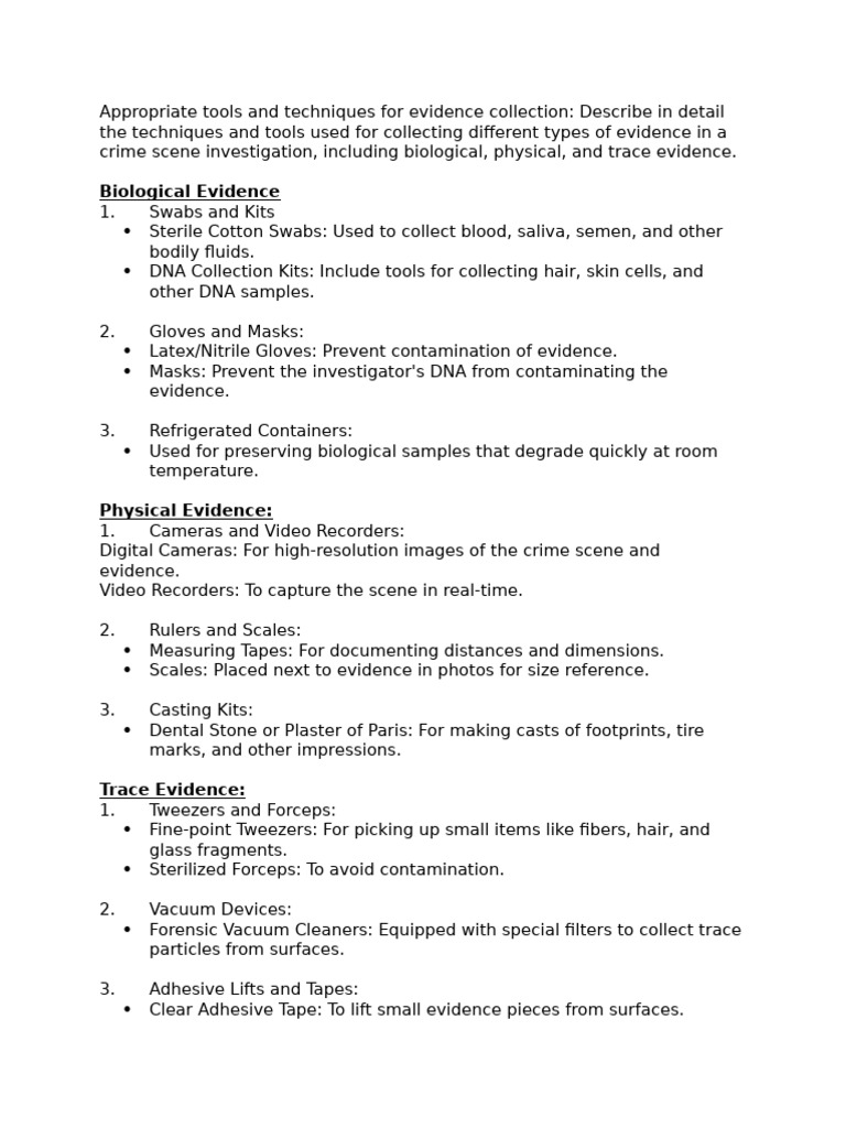 Appropriate Tools and Techniques For Evidence Collection | PDF | Crime Scene | Forensic Science