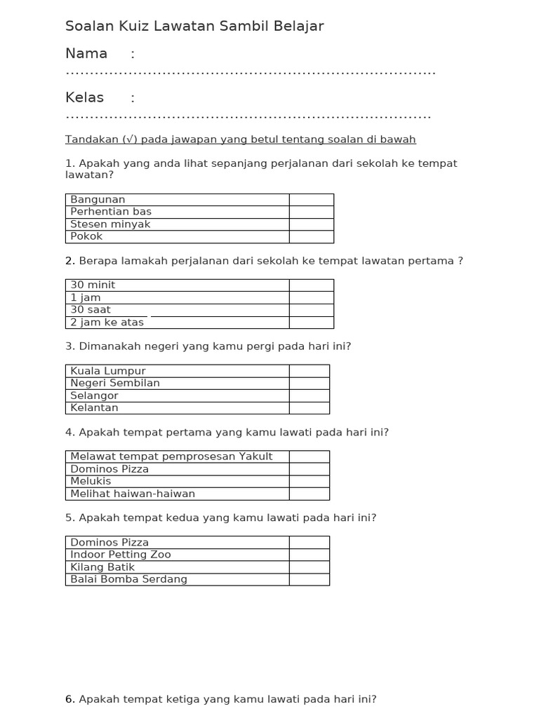 Soalan Kuiz Lawatan Sambil Belajar | PDF