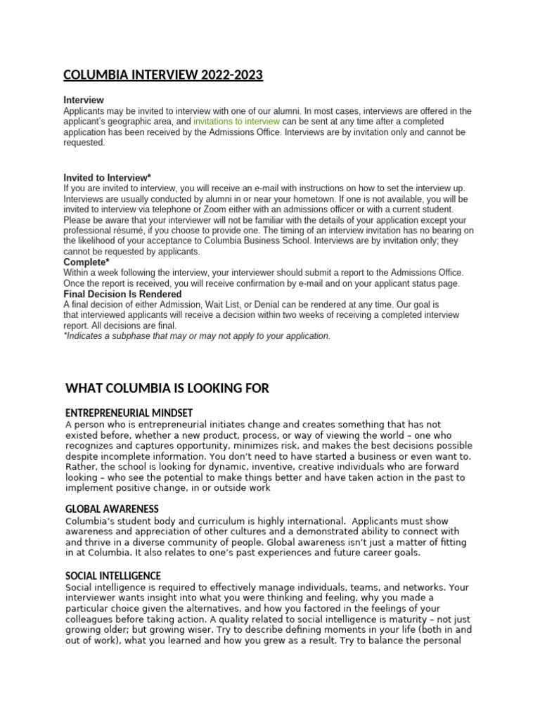 Columbia MBA Interview Guide 2022-2023 | PDF | Master Of Business ...