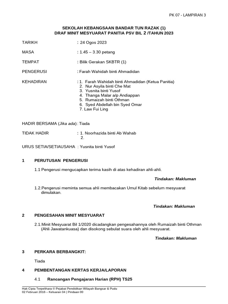 Draf Minit Mesy PSV Bil 2 2023 | PDF