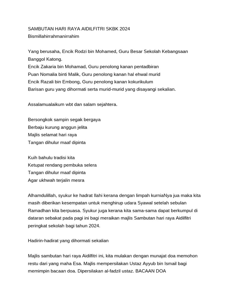 Sambutan Hari Raya Aidilfitri SKBK 2023 | PDF
