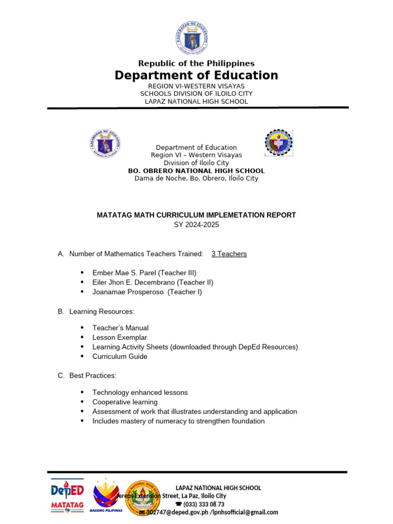 BONHS - Report On MATATAG Curriculum Implementation | PDF | Teachers ...