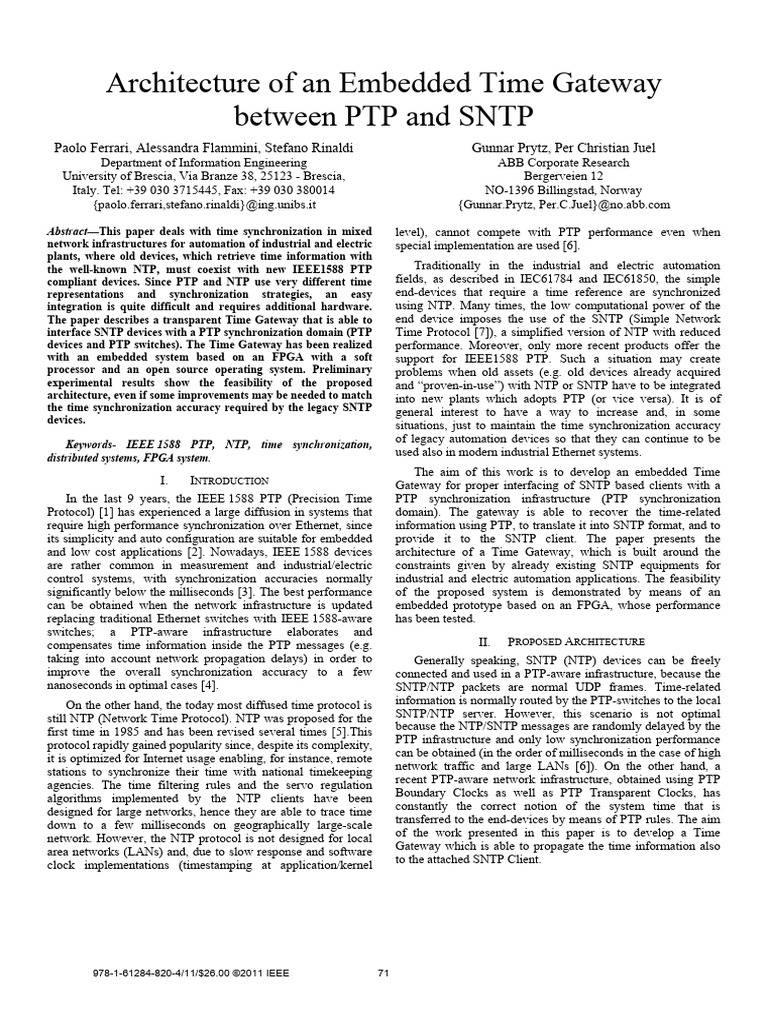 Architecture of An Embedded Time Gateway Between PTP and SNTP | PDF | Computer Network | Field ...