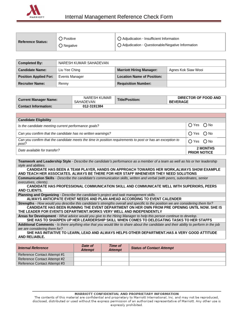 Internal - Reference Check (Management) - Yee Ching | PDF | Leadership ...