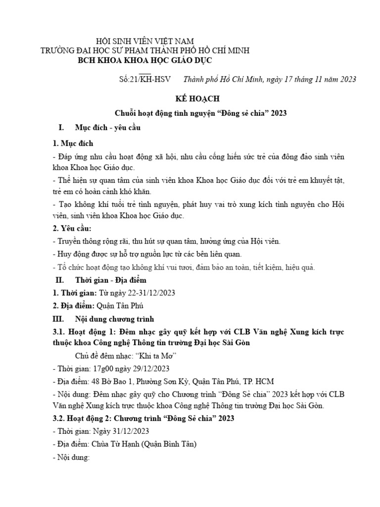 (KHGD) KH21-Chuỗi Hoạt Động Tình Nguyện - Đông Sẻ Chia - 2023 | PDF