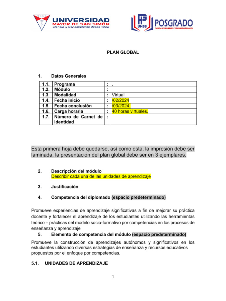 Forma Del Plan Global | PDF | Aprendizaje | Evaluación