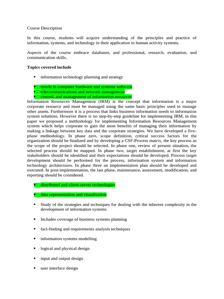 Course Outline Information Systems - Level 100 | PDF | Information ...