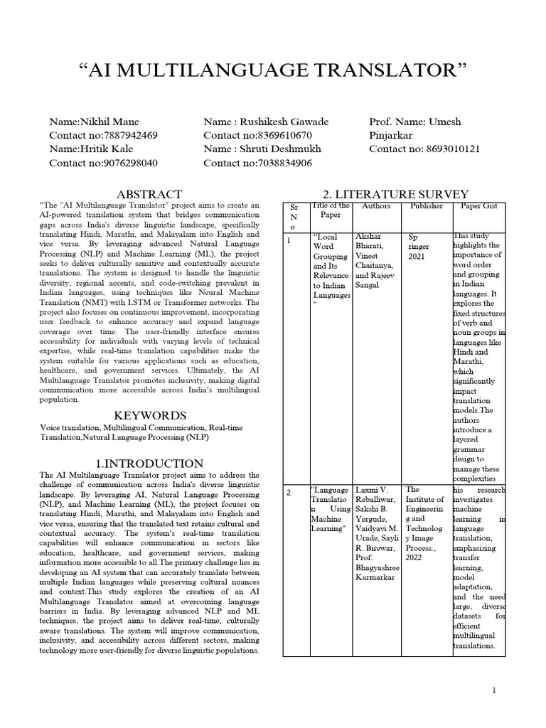 AI Translator for Indian Languages | PDF | Multilingualism | Artificial ...
