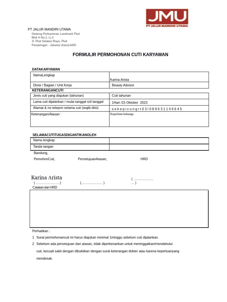 Form Cuti Karina 2023 | PDF