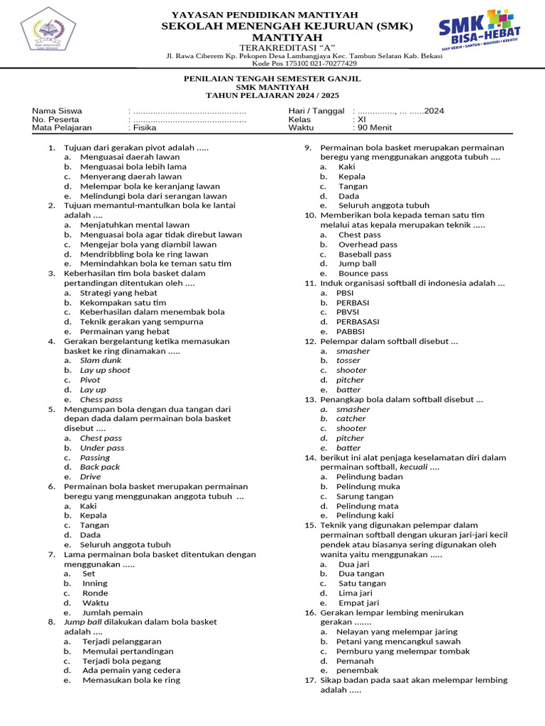 Contoh Format Soal SMK PTS Kelas 11 Dan 12 | PDF