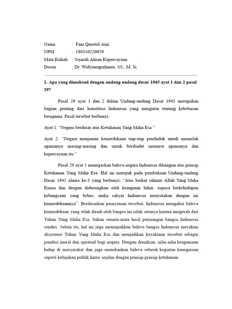 Fani Qurotul Aini - Tugas Essay Sejarah Aliran Kepercayaan | PDF