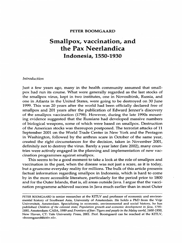 Boomgaard - 2003 - Smallpox, Vaccination, and The Pax Neerlandica in - Removed | PDF | Smallpox ...