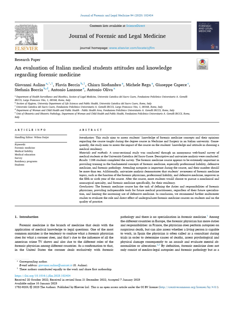 Italian Medical Students' Forensic Medicine Knowledge | PDF | Medicine ...