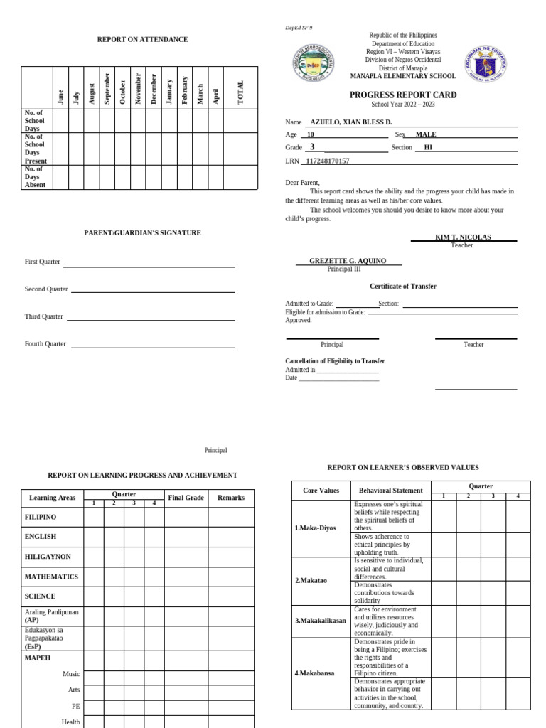 FORM 138 Grade3 | PDF | Learning