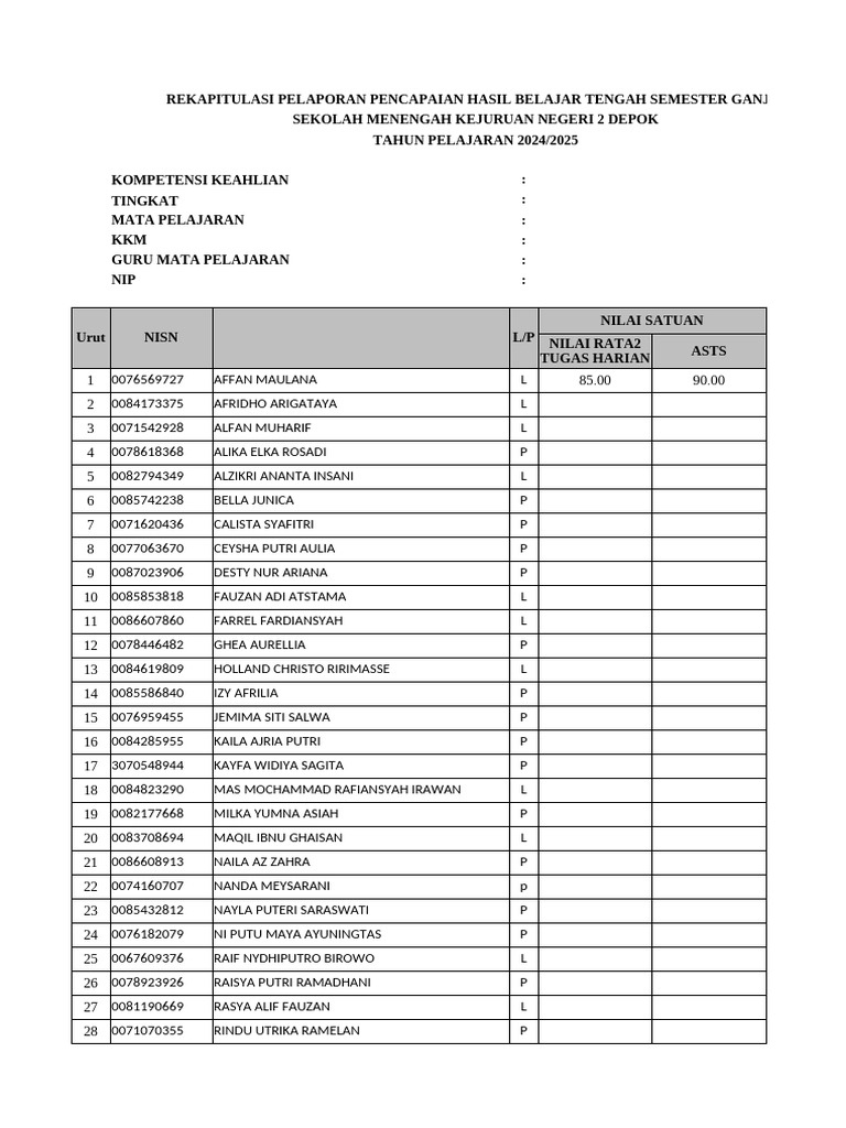 Nilai - Mata Pelajaran Pilihan - Asts - Kelas - Xi Tav 1 - 2 | PDF