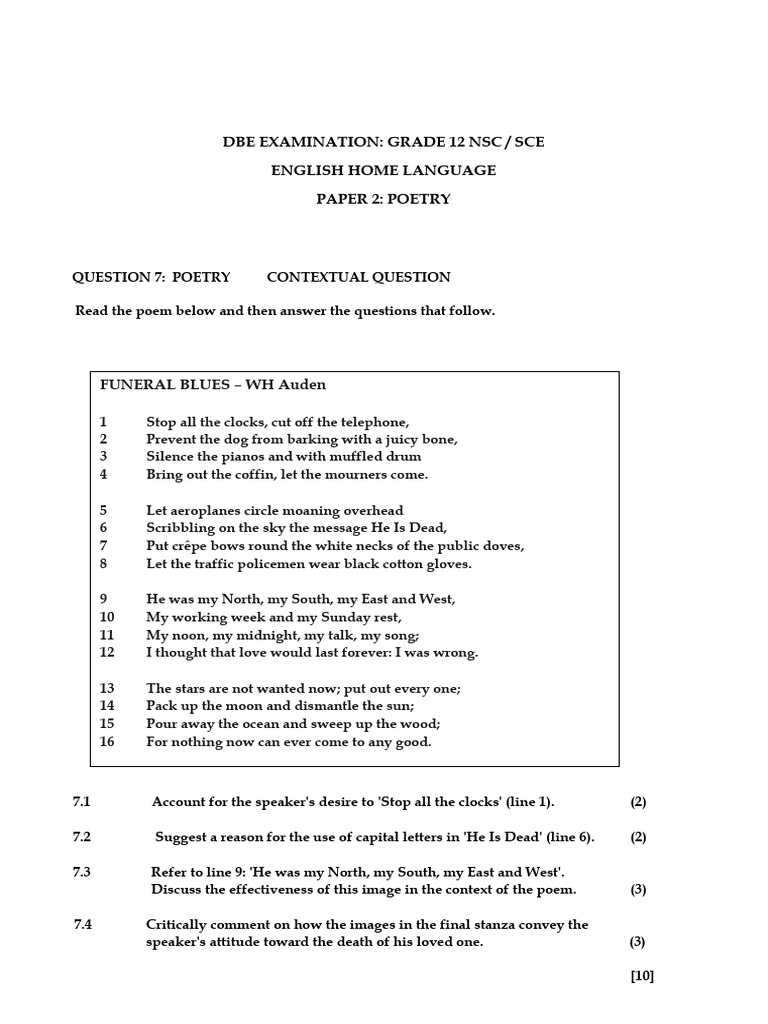 Funeral Blues Poem Analysis Guide | PDF