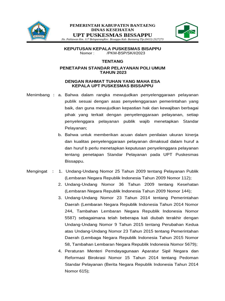 SK Penetapan Standar Pelayanan Poli Umum | PDF