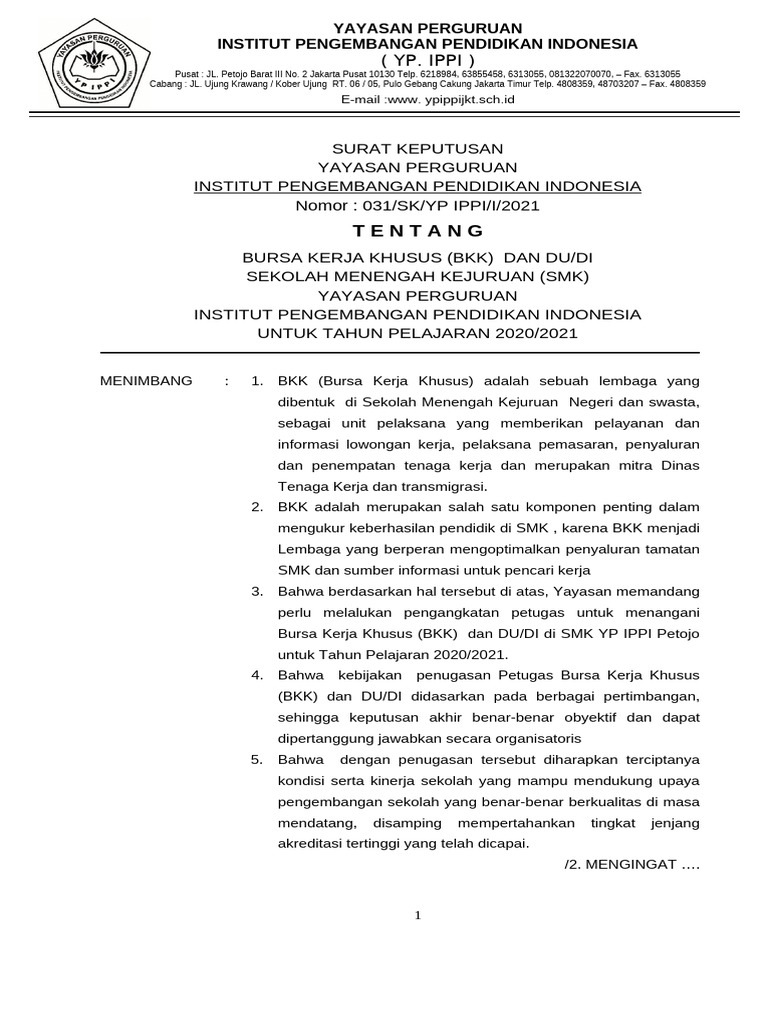 Penetapan Petugas BKK SMK YP IPPI | PDF