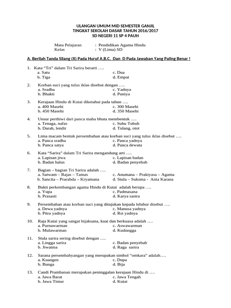 Ulangan Umum Mid Semester Ganjil Kls 5 | PDF