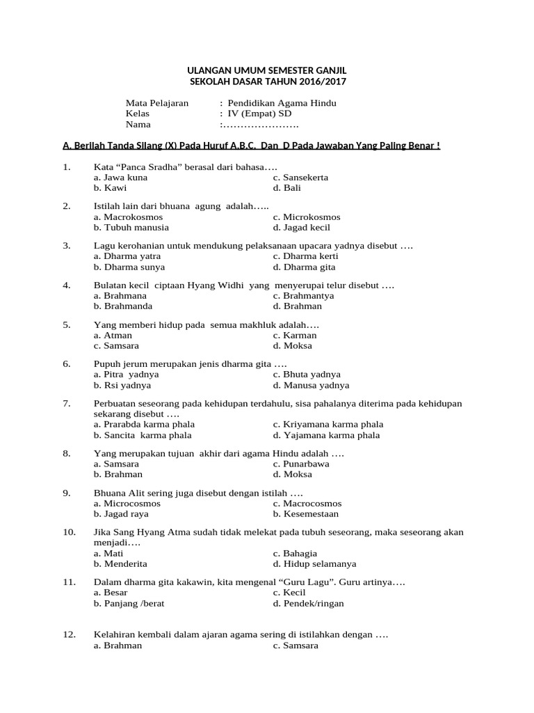 Ulangan Umum Semester 1 SDN 11 Kls 4 | PDF