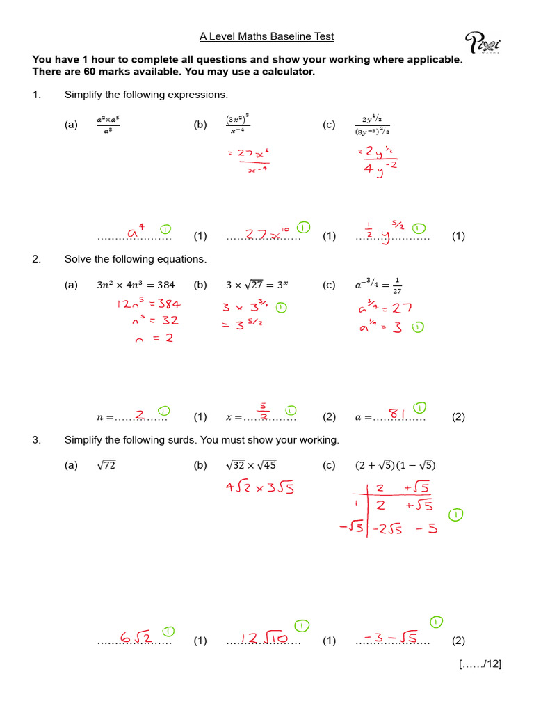 PixiMaths A Level Baseline Test Solutions | PDF | Discrete Mathematics ...
