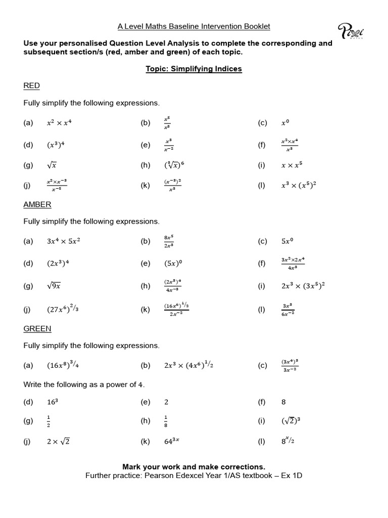 PixiMaths A Level Baseline Intervention Booklet | PDF | Algebra ...