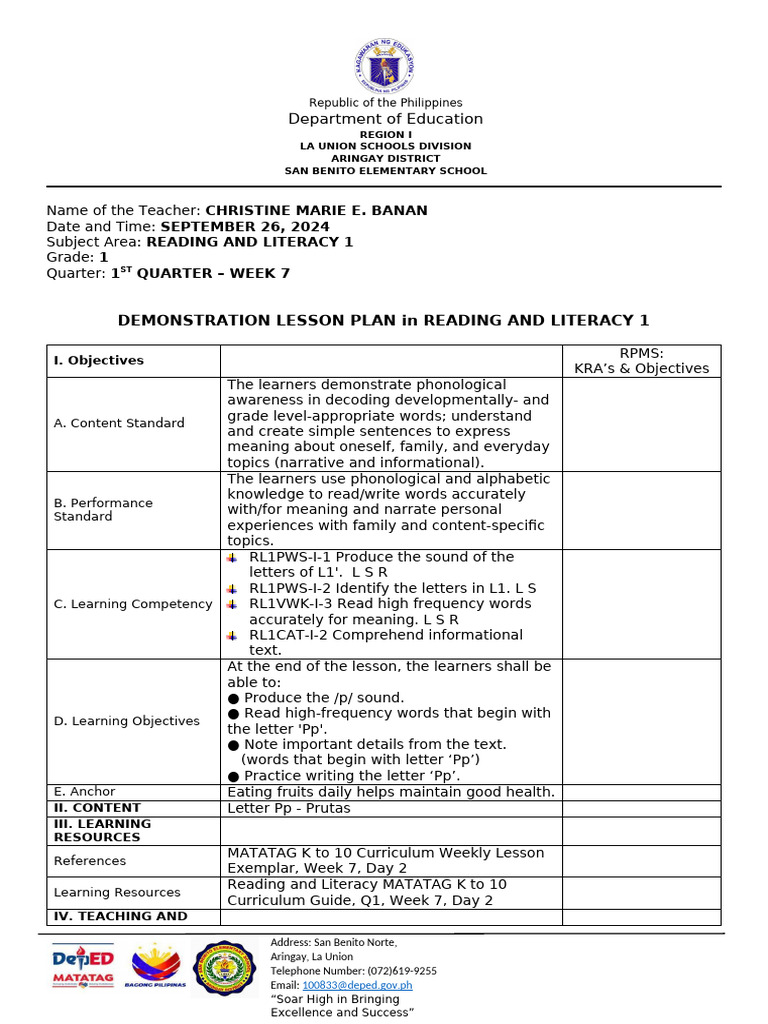 Demo 1st Quarter - Reading and Literacy | PDF | Education Theory | Learning