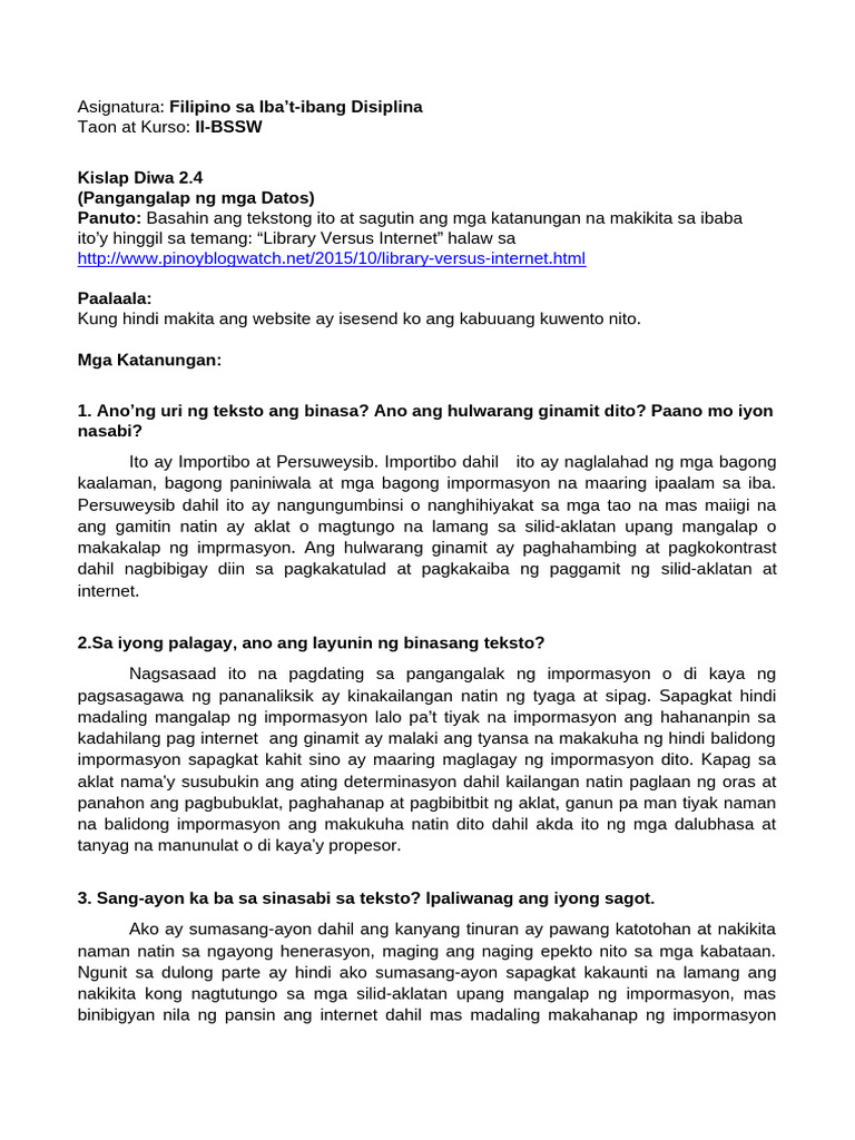 Filipino Sa Iba't-Ibang Disiplina (Kislap Diwa 2.4) | PDF